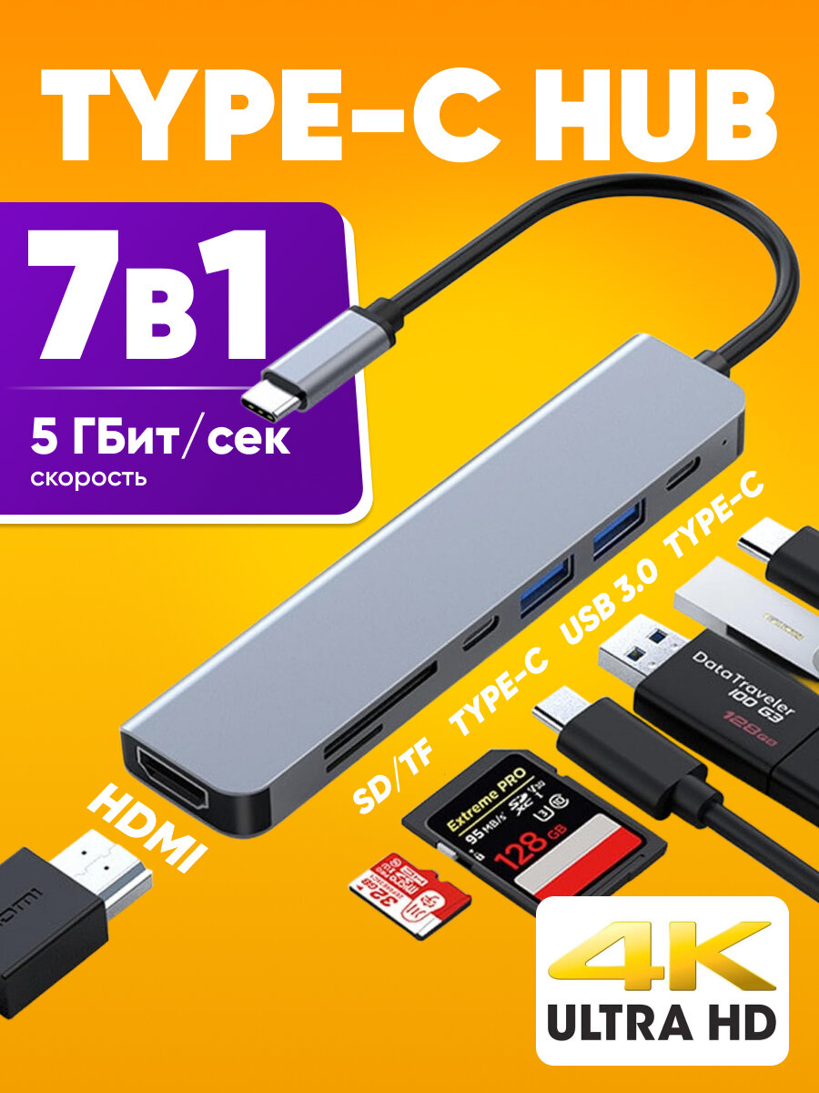USB-C адаптер 7в1 для подключения к телевизору 4К / для Apple MacBook / USB слоты, SD, TF, карты памяти