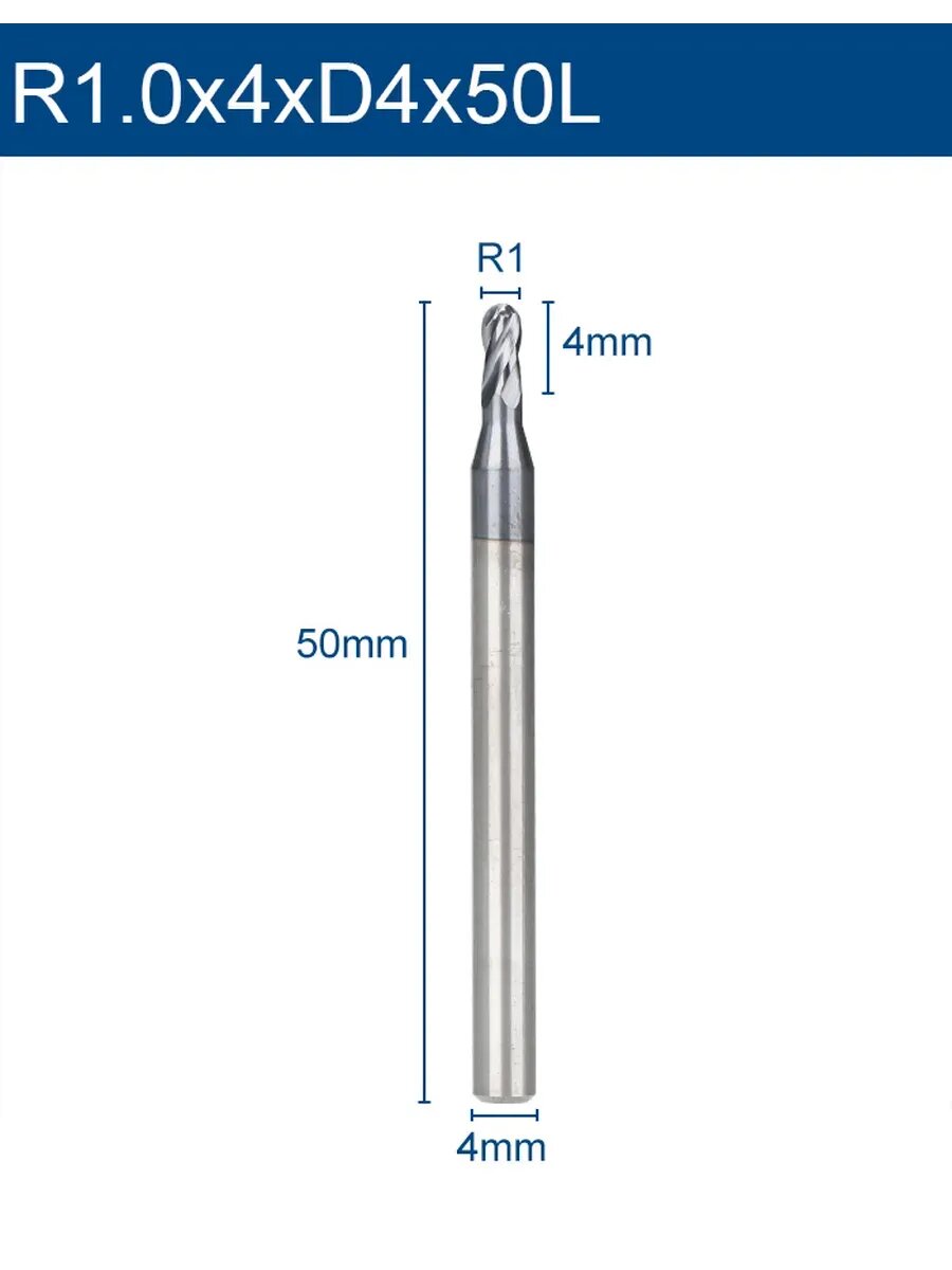 Фреза по металлу сферическая 2мм твердосплав R1,0х3х4х4х50мм