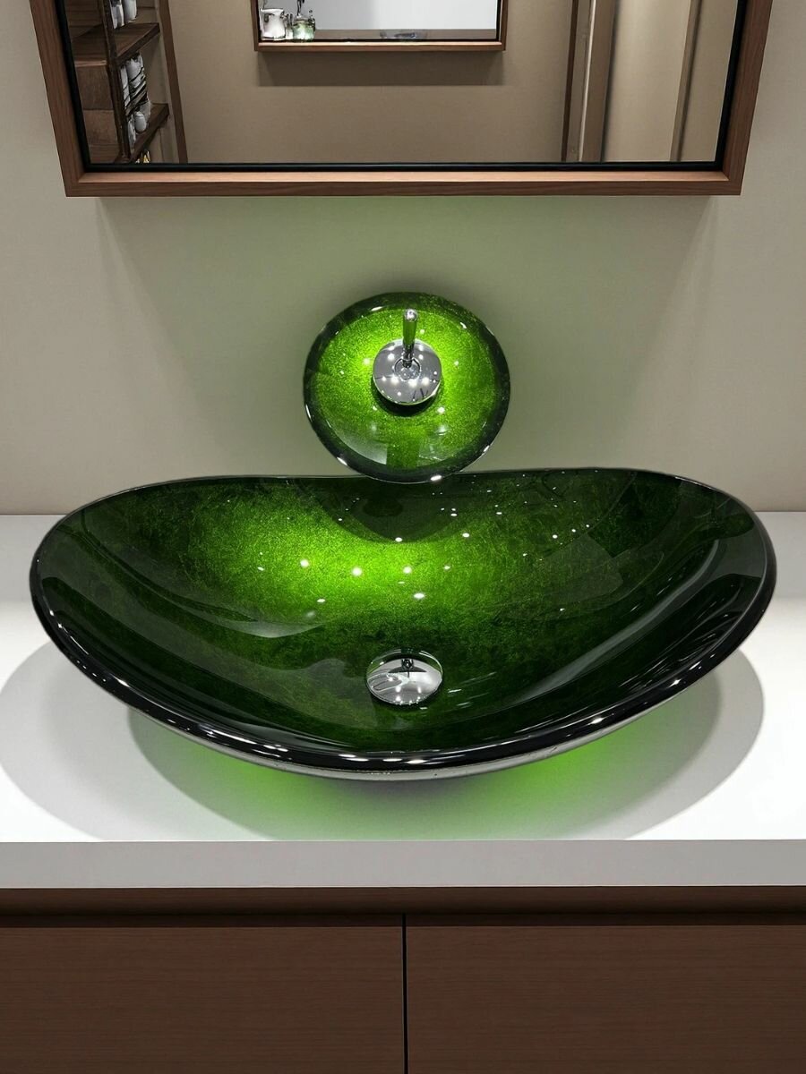 Раковина, закаленное стекло, прямоугольная, с антивандальным покрытием, темно-зеленая