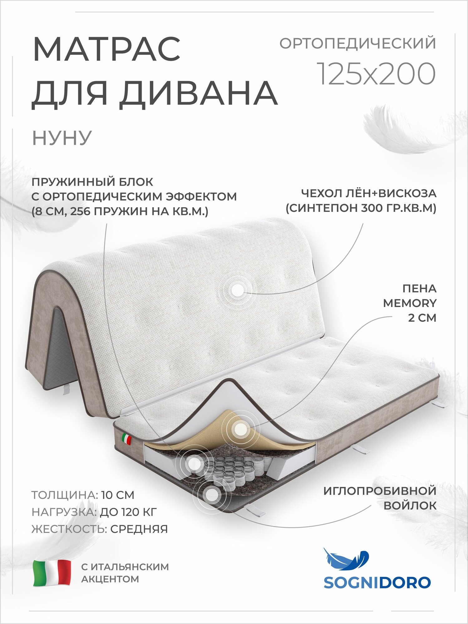 Матрас для дивана аккордеон 125х140х10, 125х60х10 см. (125х200х10), ортопедический нуну с пружинным блоком