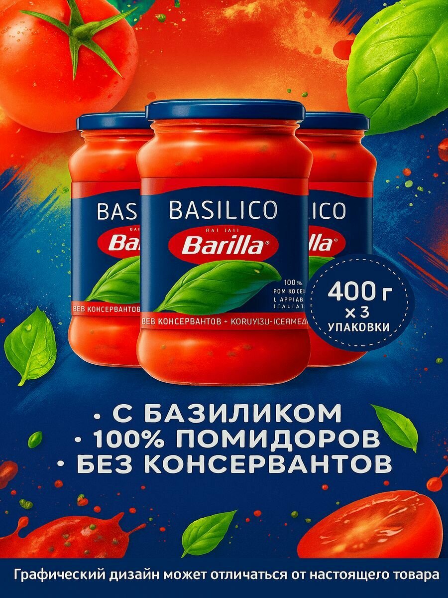 Соус томатный BARILLA Basilico, с базиликом, 400г x 3 упаковки