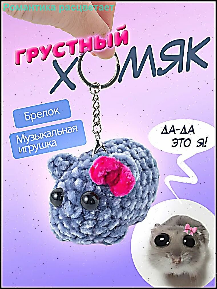 Брелок Грустный хомяк / музыкальная игрушка мем / подвес на сумку. Размер 7х4х4 см. Цвет серый