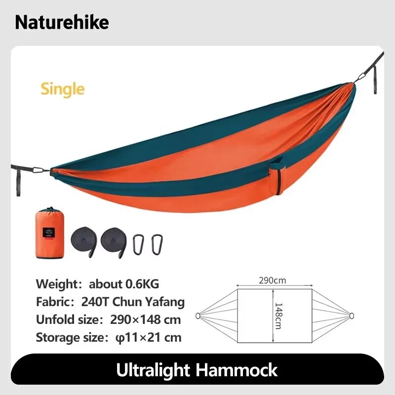 Гамак NatureHike, портативный, двухместный, складной, для кемпинга, с парашютным Single - Orange