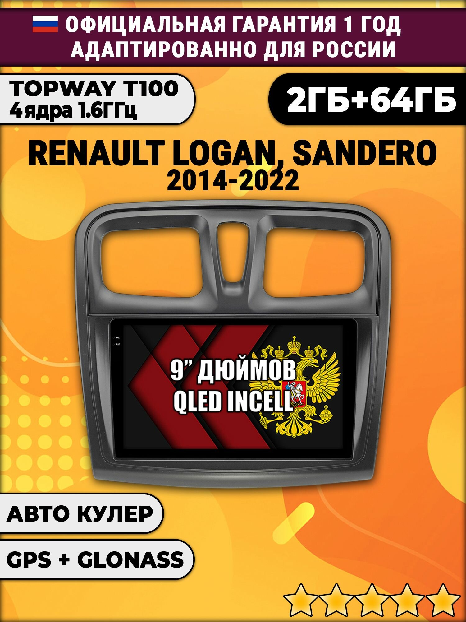 2гб+64гб для RENAULT LOGAN, SANDERO (2014 2015 2016 2017 2018 2019 2020 2021 2022), Android магнитола с QLED INCELL экраном