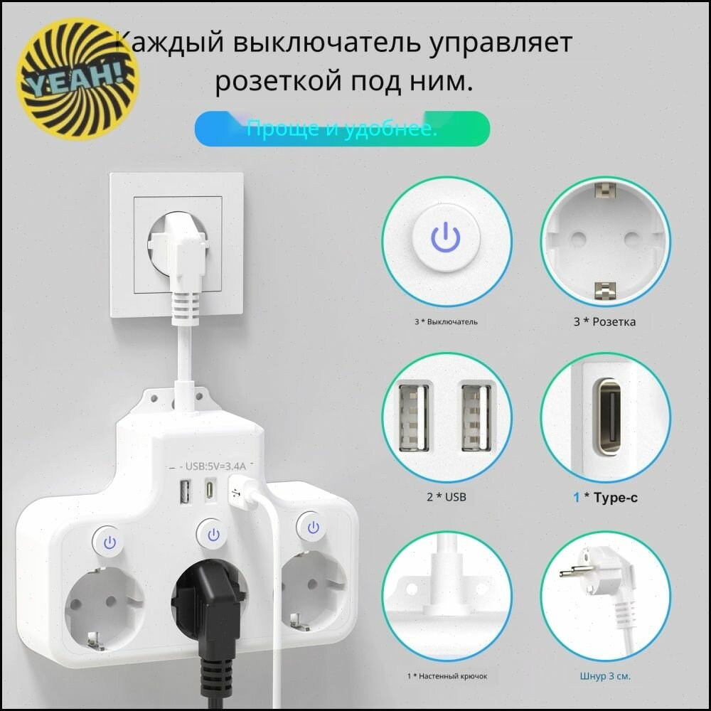 HITRENDS удлинителя с 2 USB и 1 быстрой зарядки Type-C, 3 разъемов, независимый выключатель, белое