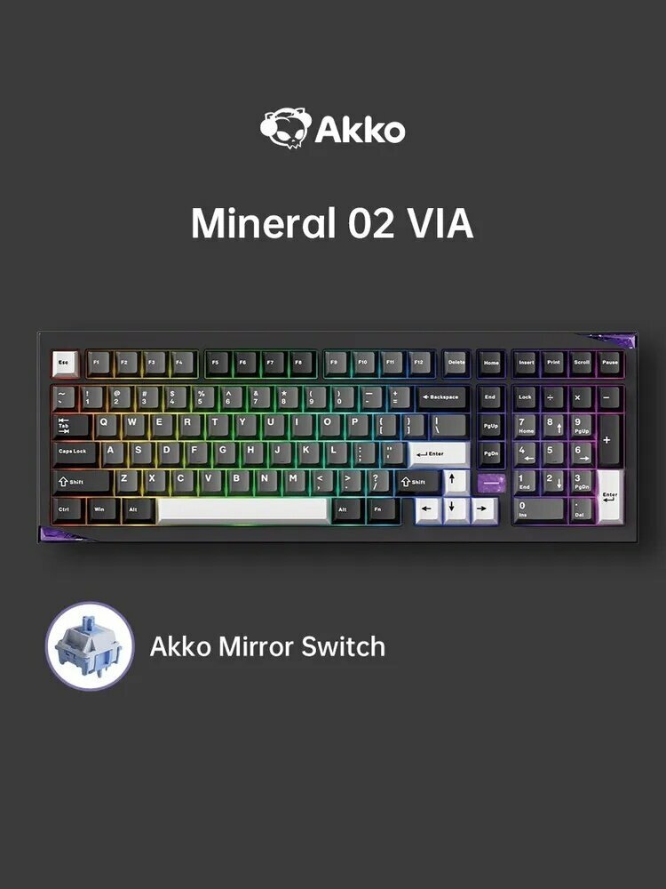 AKKO Игровая клавиатура беспроводная Акко Mineral 02 VIA, Черно-серебряная механическая клавиатура 3-режимная RGB подсветка 102 клавиши US раскладка С поддержкой горячей замены переключателей, (Akko Mirror), Английская раскладка, белый, черно-серый