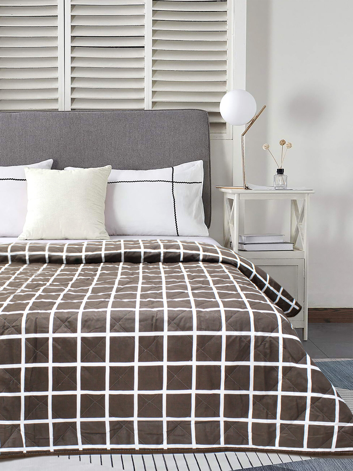 Двухстороннее стеганное покрывало PB-005 Клетка Elintale (кремовый-коричневый), 180x215