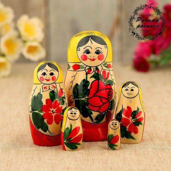 Матрешка "Семеновская", желтый платок, 5 кукол, 12 см (3565015)
