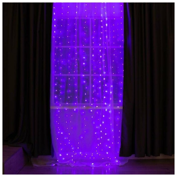 Гирлянда «Занавес» 2.8 × 3 м роса на крючках, с пультом, IP20, серебристая нить, 300 LED, свечение фиолетовое, 8 режимов, USB, 6074029