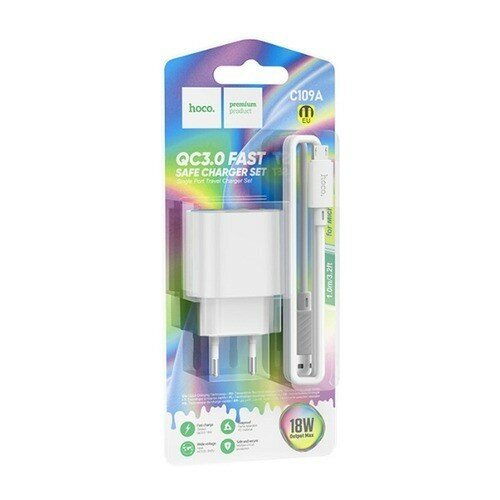 Блок питания сетевой 1 USB HOCO C109A, Fighter, 18Вт, QC3.0, кабель микро USB, белый