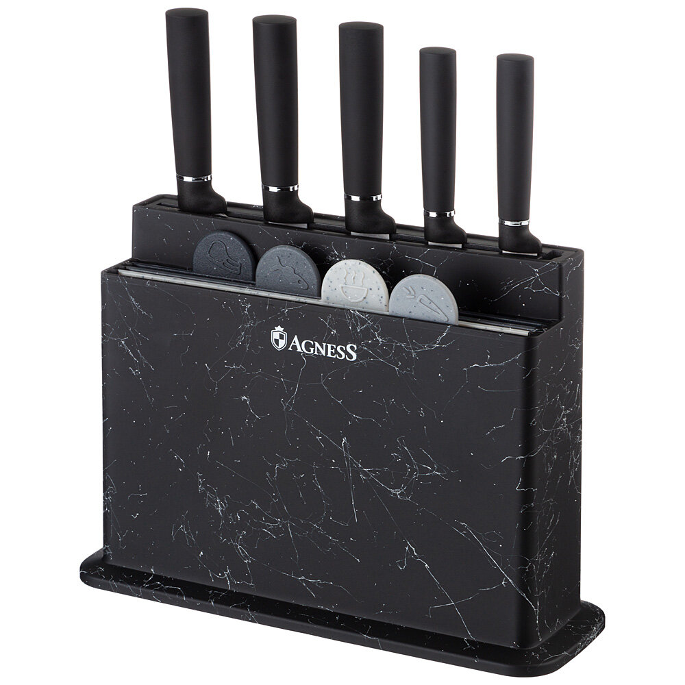 Набор AGNESS из 10ПР: 5 ножей, 4 доски И подставка, цвет: черный мрамор
