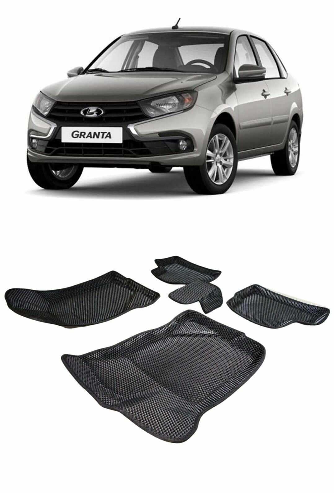 EVA коврики Lada Granta с бортиком (2190, FL) / Ева ЭВА сота / цвет Черный с черной окантовкой / EVA Smart / коврики автомобильные в салон Лада Гранта