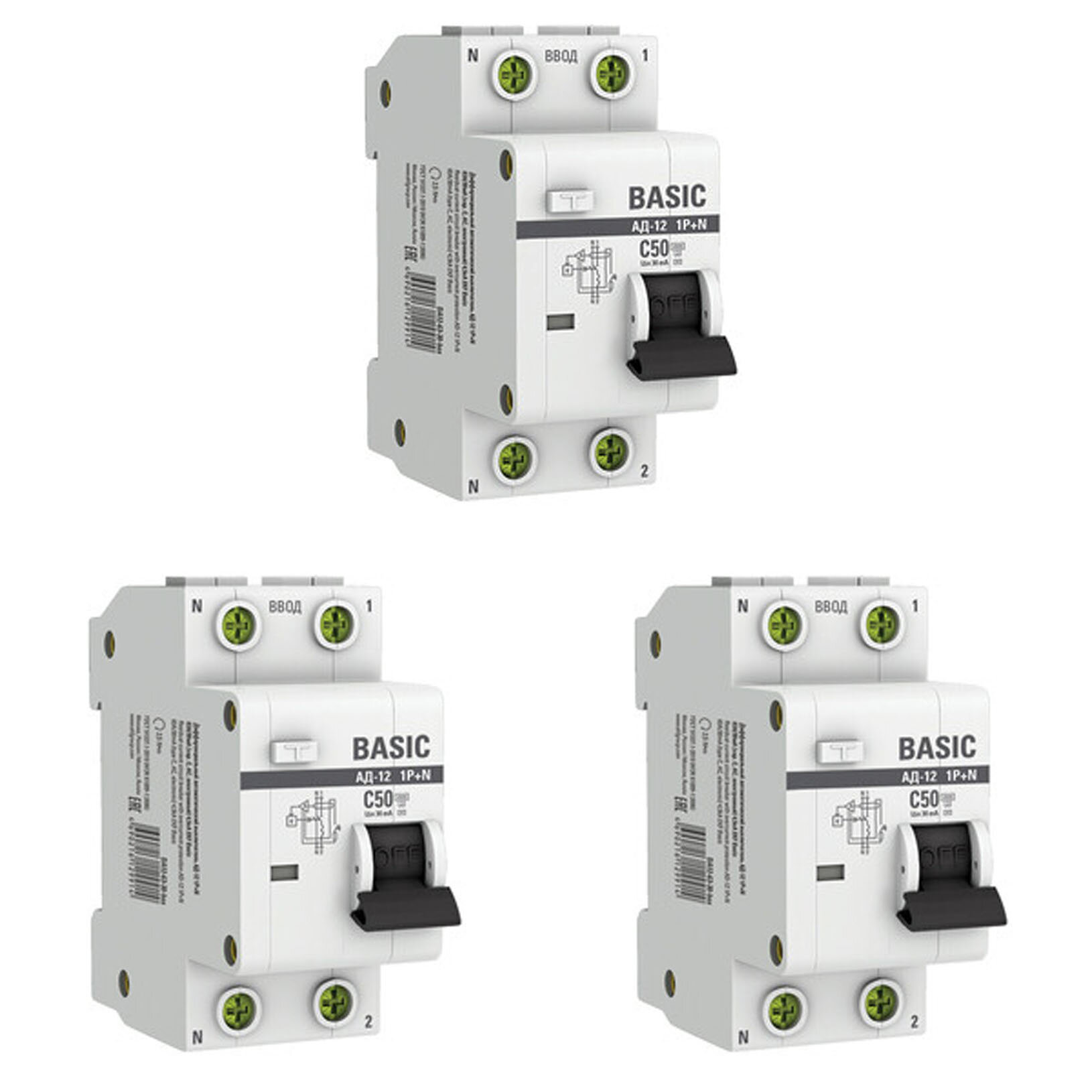 Автомат дифференциальный EKF Basic АД-12 50А 30 мА 1P+N тип АС 4,5 кА (DA12-50-30-bas) (3 шт.)