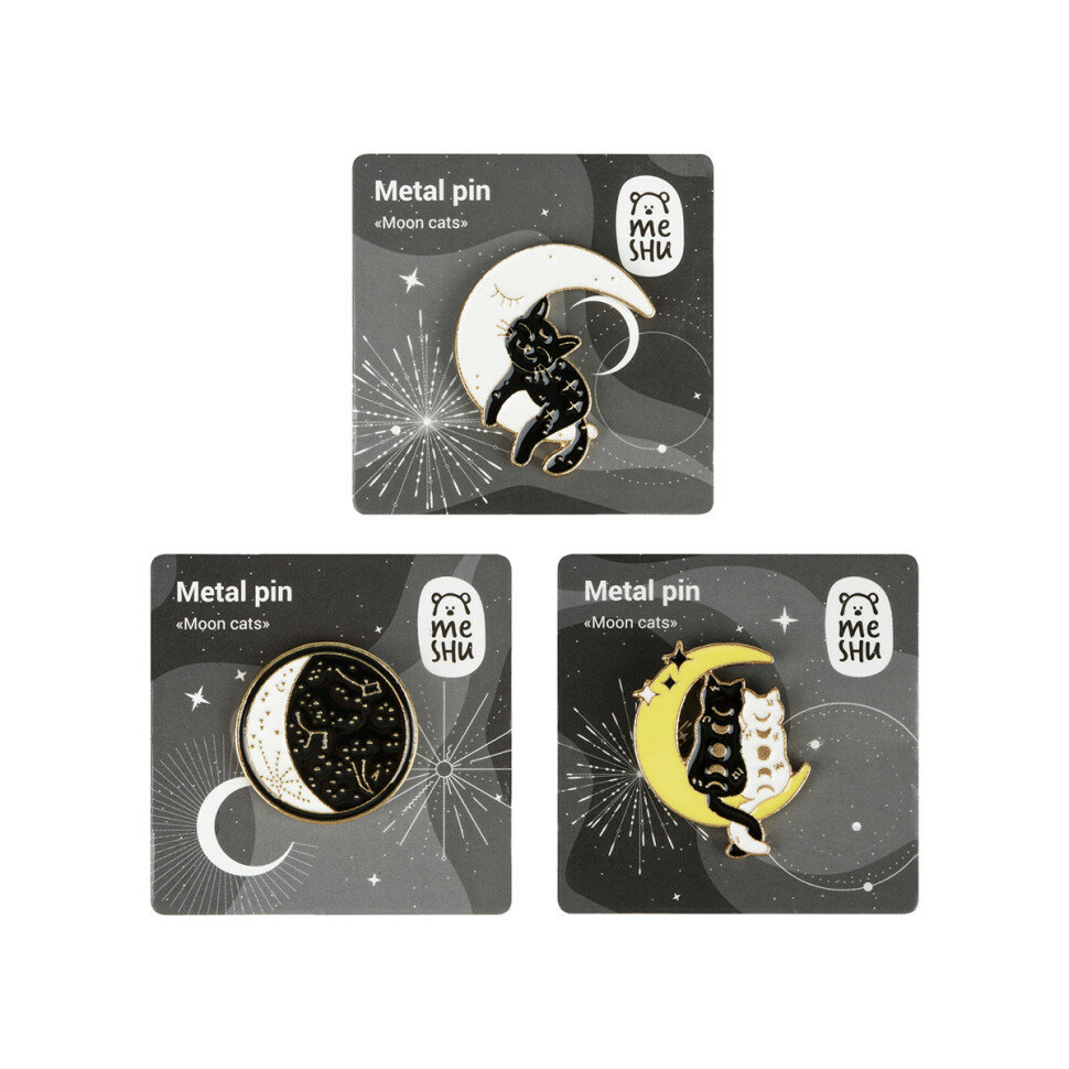 Набор металлических значков MESHU "Moon cats", эмаль, 3шт, картонная подложка, европодвес, 368831