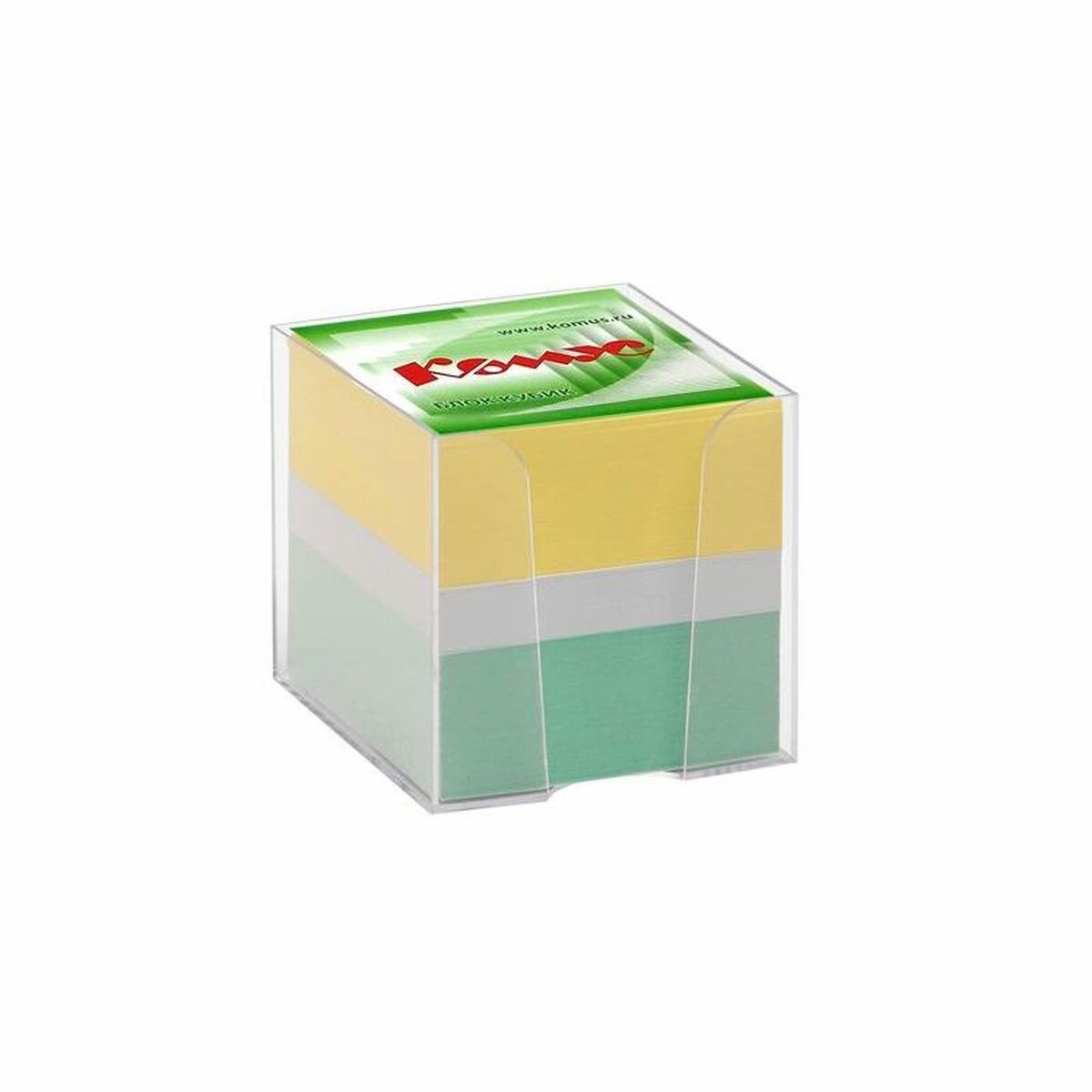 Блок-кубик для записей Комус, 90x90x90мм, разноцветный, 80 г/кв. м, прозрачный бокс (154934)