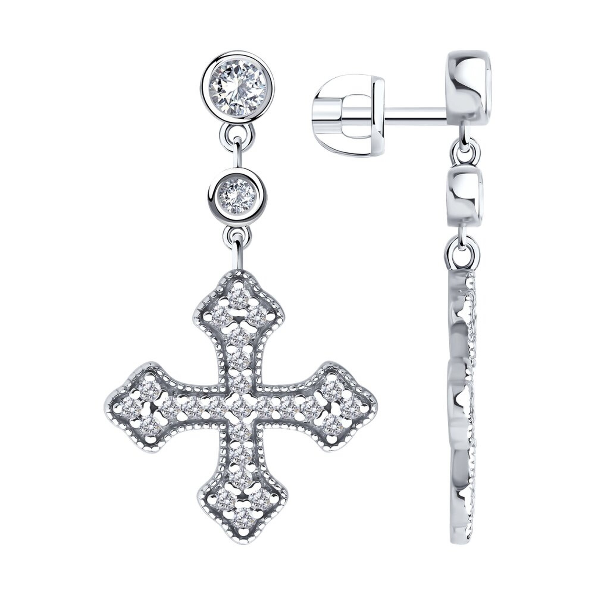 Серьги с подвесками, серебро, 925 проба, родирование, фианит