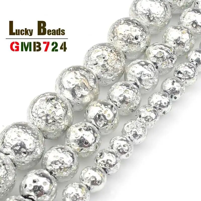Бусины из вулканической лавы с покрытием из серебра GMB724 6 мм