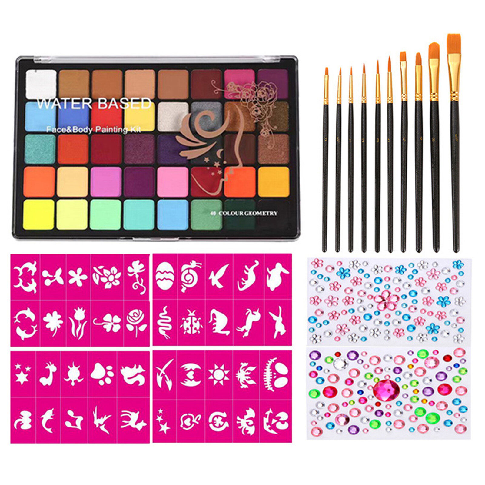 Набор аквагрима, с 10 кистями, 4 трафаретами, 2 наклейками, гипоаллергенный
