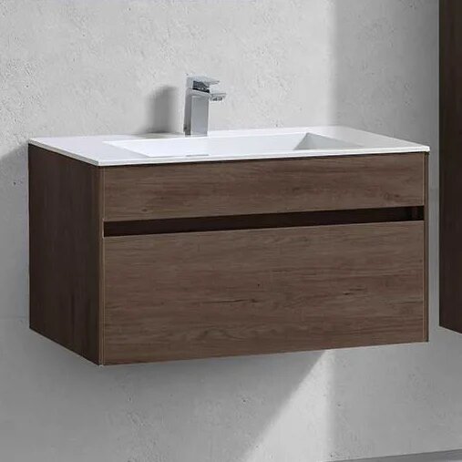 Тумба с раковиной Vincea Chiara 80 подвесная, 80 см, темное дерево, матовая, из ЛДСП, с ящиками, раковина для ванной, из искусственного камня, прямоугольная, лофт