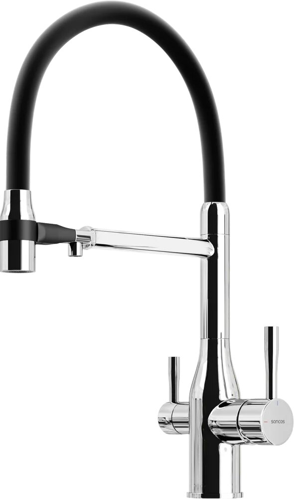 Смеситель для кухни Sancos Garda SC4009CH с гибким изливом, с краном для питьевой воды, с поворотным изливом, хром, черный, матовый, глянцевый, однорычажный, латунный, с керамическим картриджем