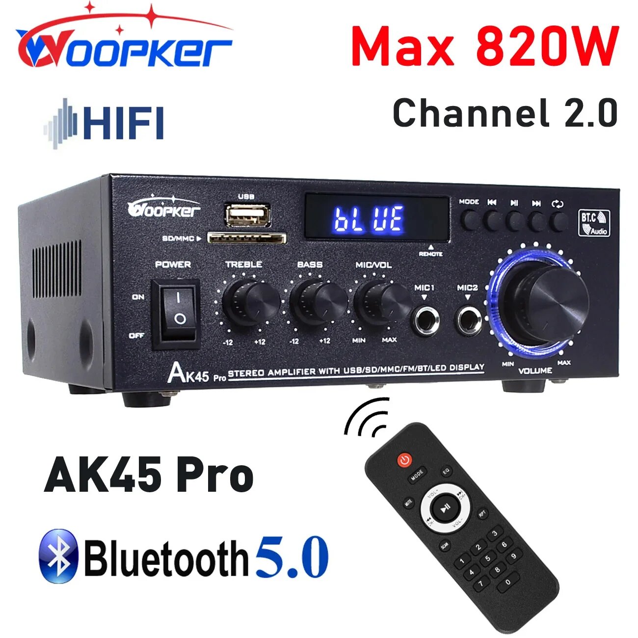 Динамик AK45 PRO, новый цифровой усилитель HiFi 12 В, 220 В, 110 В, максимальная мощность 90 Втx2, канал 2,0, Bluetooth, объемный звук, усилитель