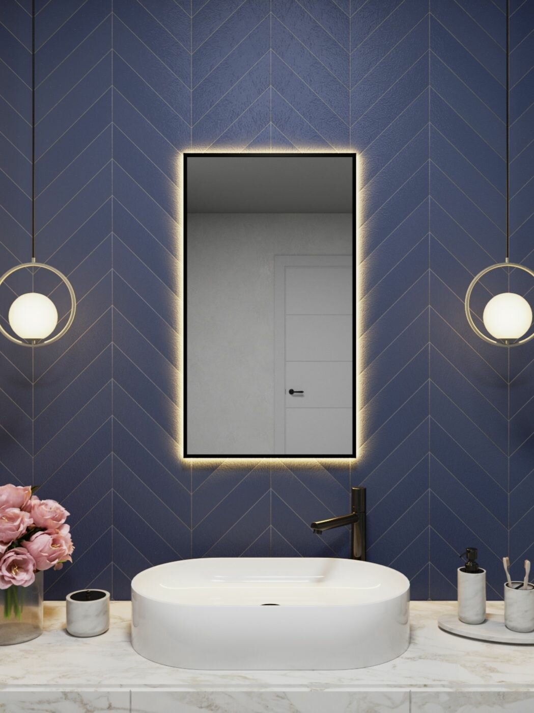 Зеркало настенное 80х50 см. ONE MARKET с подсветкой в ванную в алюминиевой раме. Свет: Теплый белый 3000К, Черное