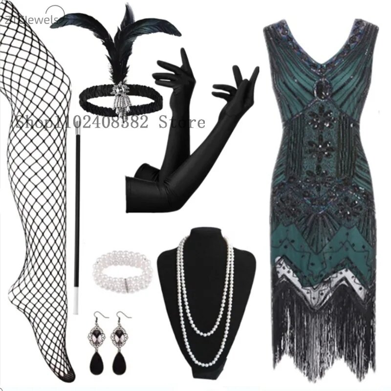 Платье-флаппер 1920-х годов, полиэстер Изумрудный, М, green dress set