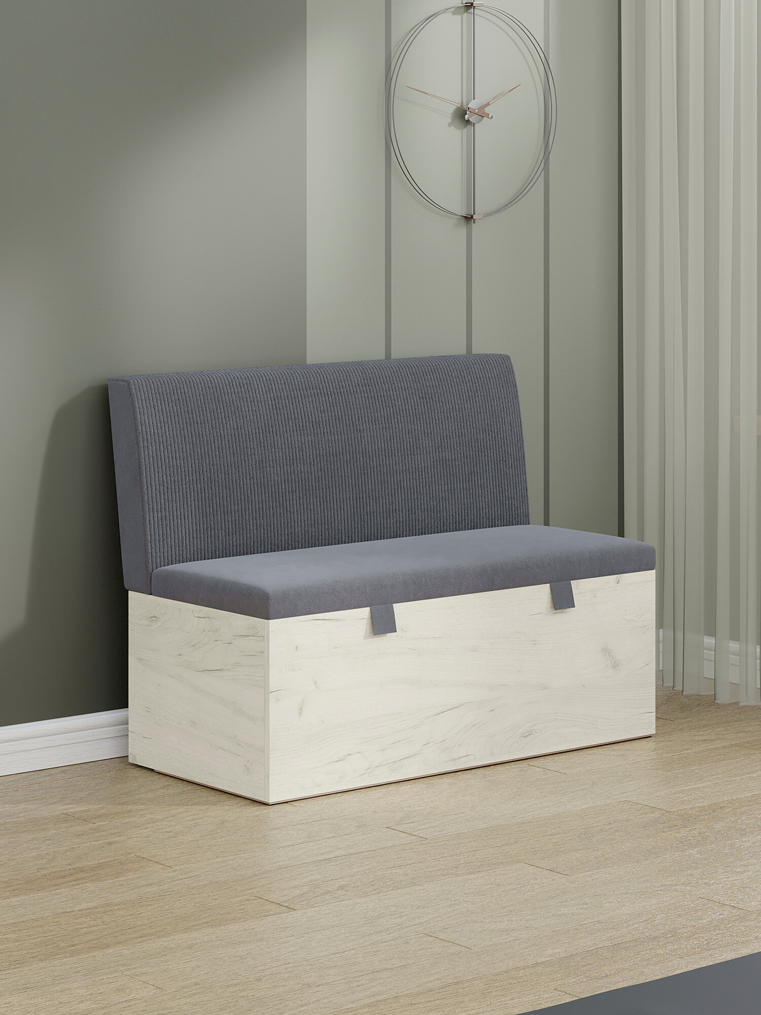 Скамья прямая Мебель Трия «Мальта» Дуб Крафт белый, Микровелюр Linea Grande 83/Connect 83 (серый)