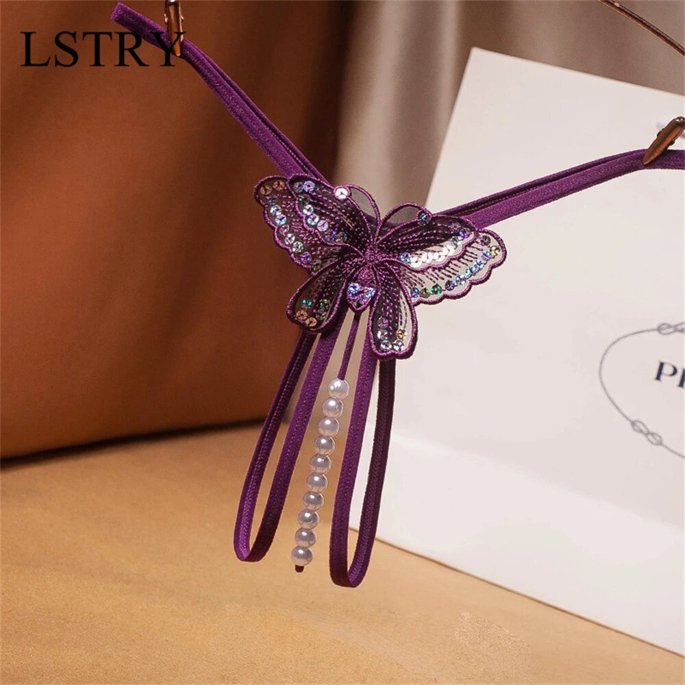 Новинка 2025, трусики с вышивкой и бабочкой и жемчугом, сексуальное женское белье, секс-стринги, женское эротическое нижнее белье с открытой промежностью, массажные трусики M1-Purple