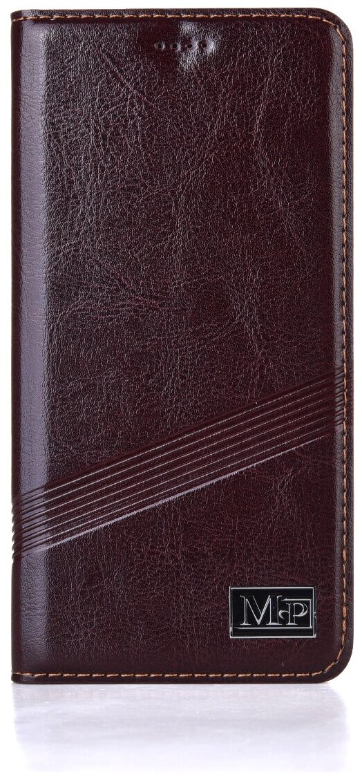 Чехол-книжка MyPads Premium для Oppo Realme 6 Pro из качественной натуральной мраморной кожи буйвола прошитый элегантной прострочкой темно-коричн.