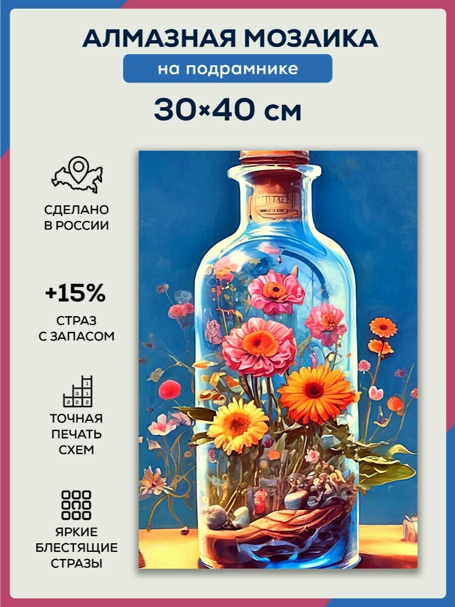 Алмазная мозаика 30x40 Цветы в бутылке на подрамнике