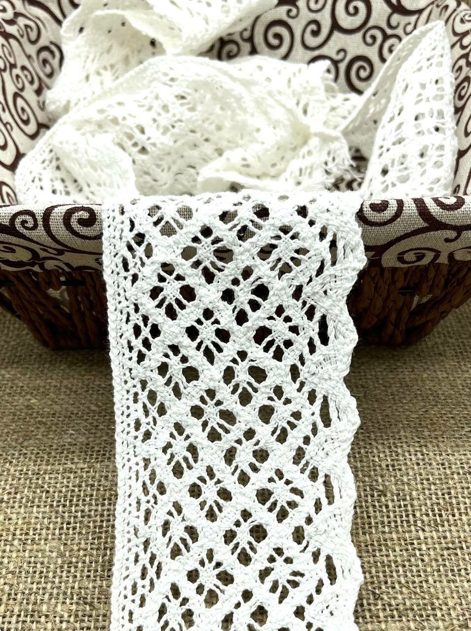Кружево хлопок 75 мм / хлопковое кружево для рукоделия цв. белый (10 метров)