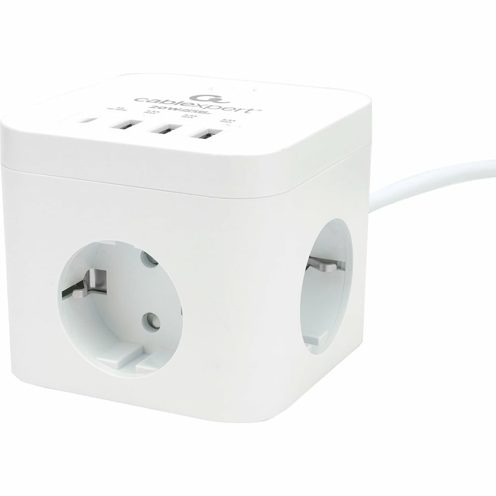 Сетевой фильтр Cablexpert cube, 3р, 10а, 1xtype-c pd, 3xusb, 1.5м, ур. защиты 4+, белый, коробка,