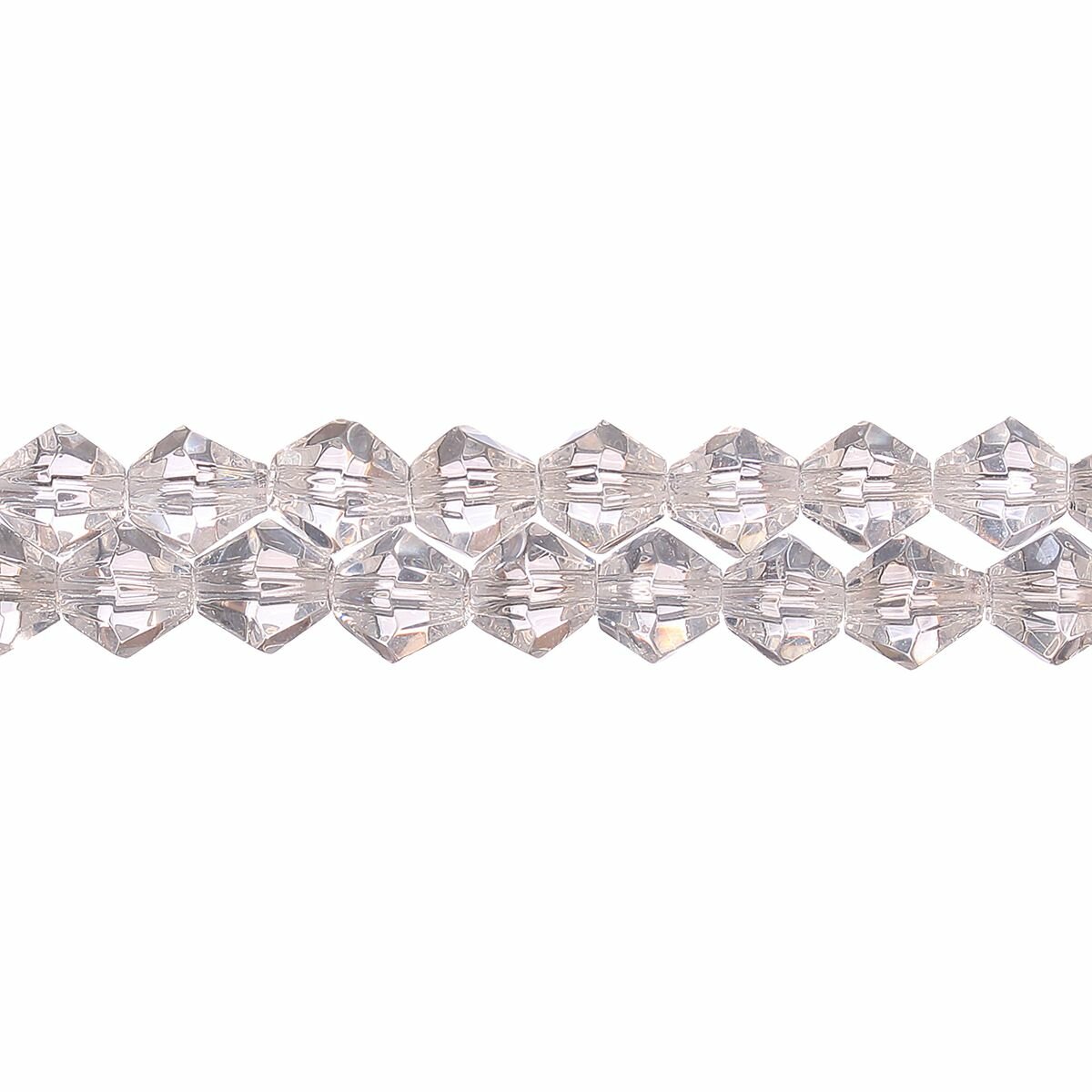 Бусины стеклянные, 8мм, граненые, биконусы, кристально-прозрачные с радужно-перламутровым покрытием, 39 шт, низка