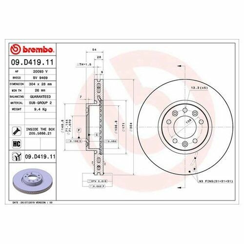 Тормозной диск передний Brembo 09D41911