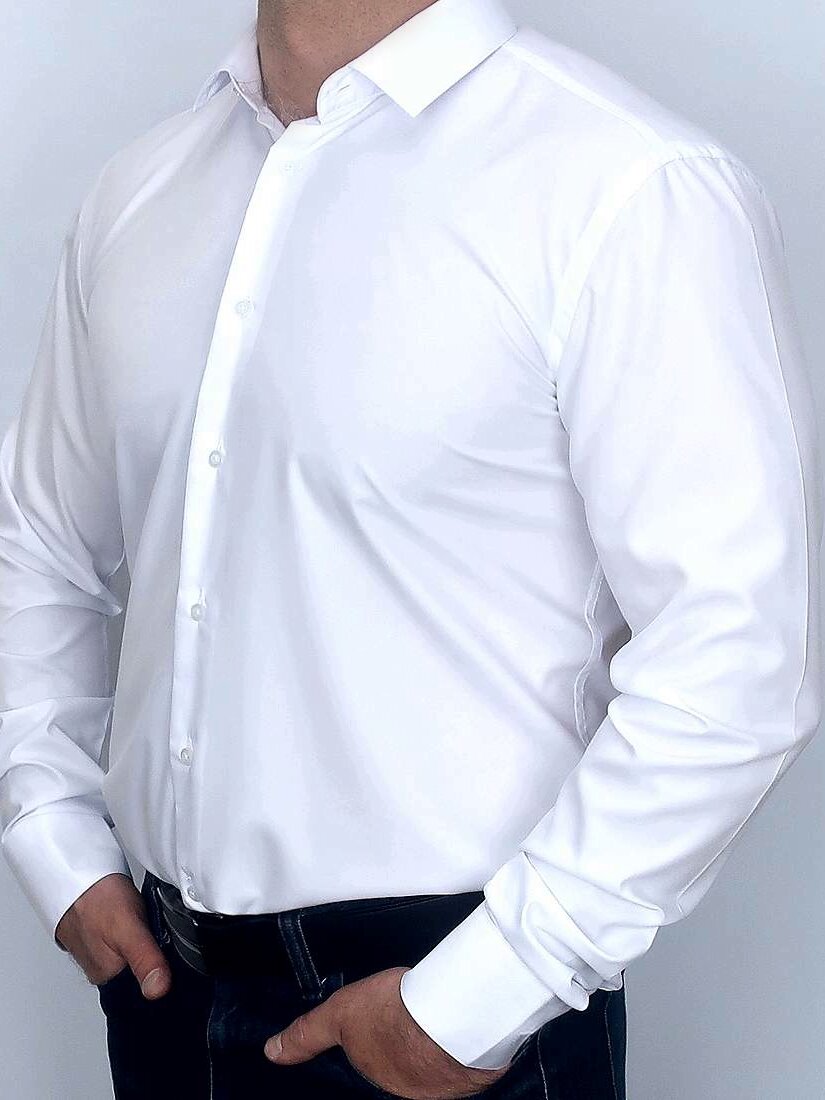 Рубашка Рубашка мужская с длинным рукавом, приталенная, светлая сорочка, на пуговицах, рубаха на лето и на любой сезон, стильный фасон одежды, красивый и модный образ, белая однотонная, летняя без карманов