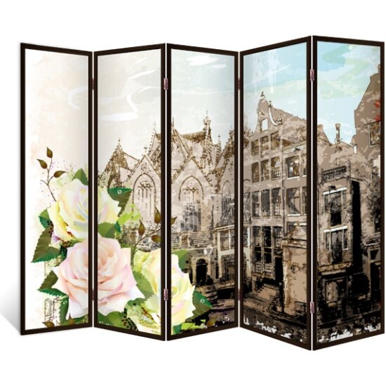 Ширма перегородка Декор Депо для комнаты деревянная "Открытка из Праги" двухсторонняя с картинкой (города) 5 створок венге 176х230 см 18 кг