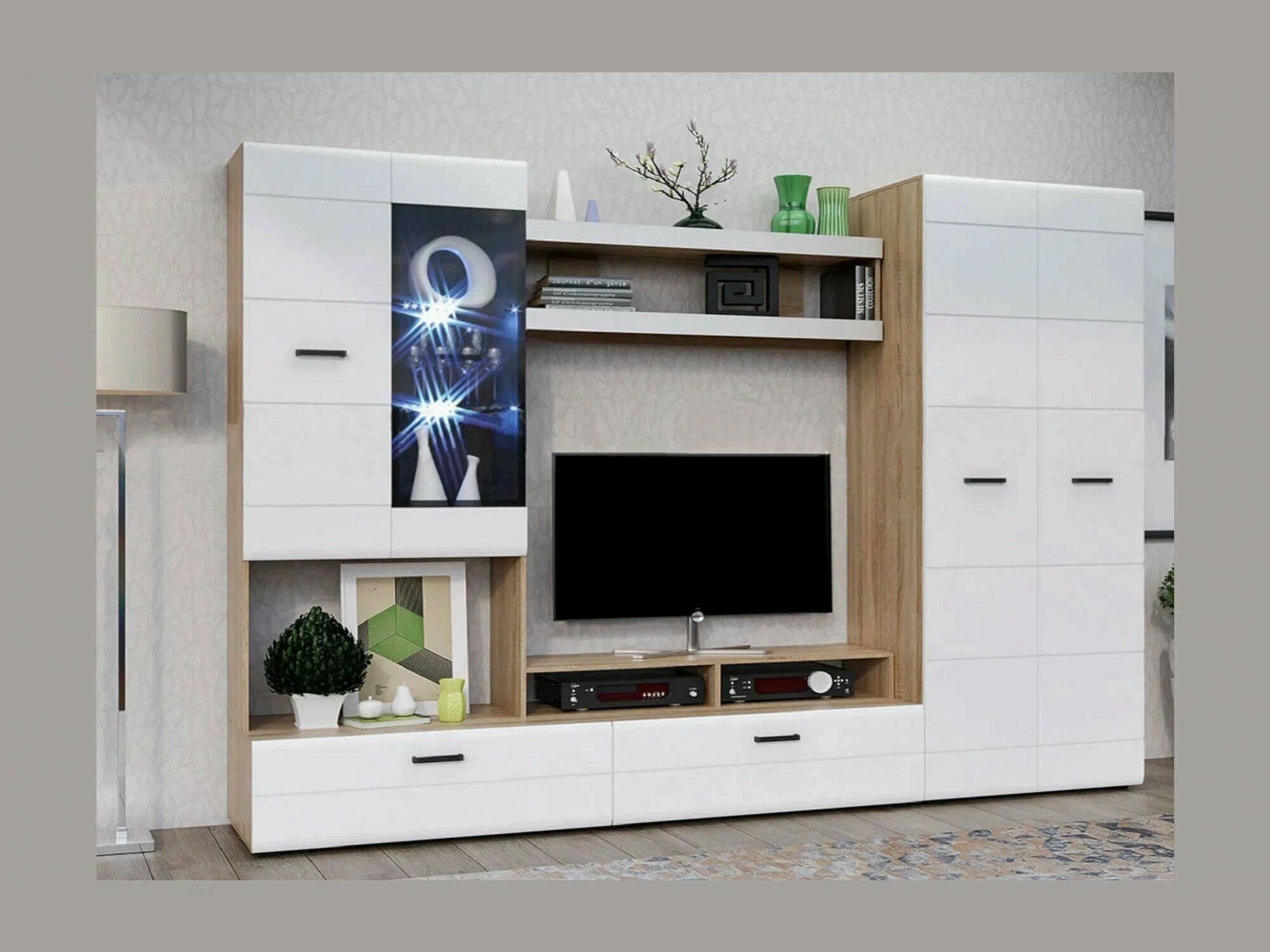 Комплект мебели для гостиной "Нэнси" NEW Вариант №4 Белый глянец/Дуб сонома