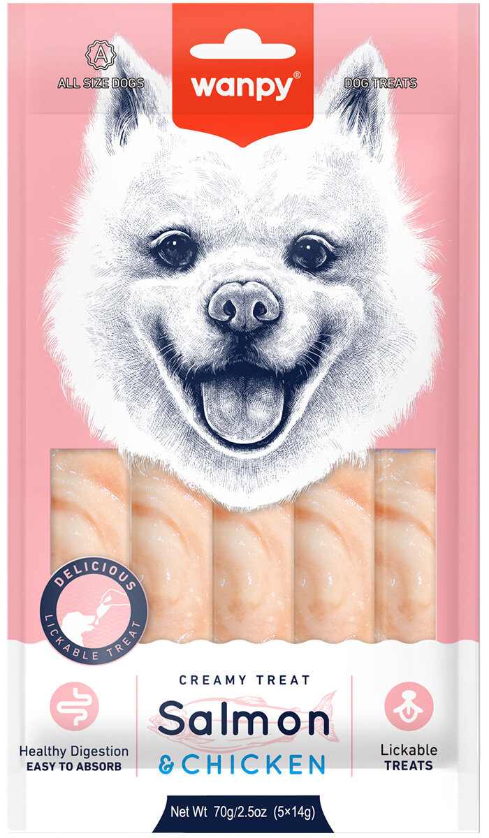 Лакомство WANPY DOG для собак, нежное пюре с лососем и курицей, 14 гр х 5 шт