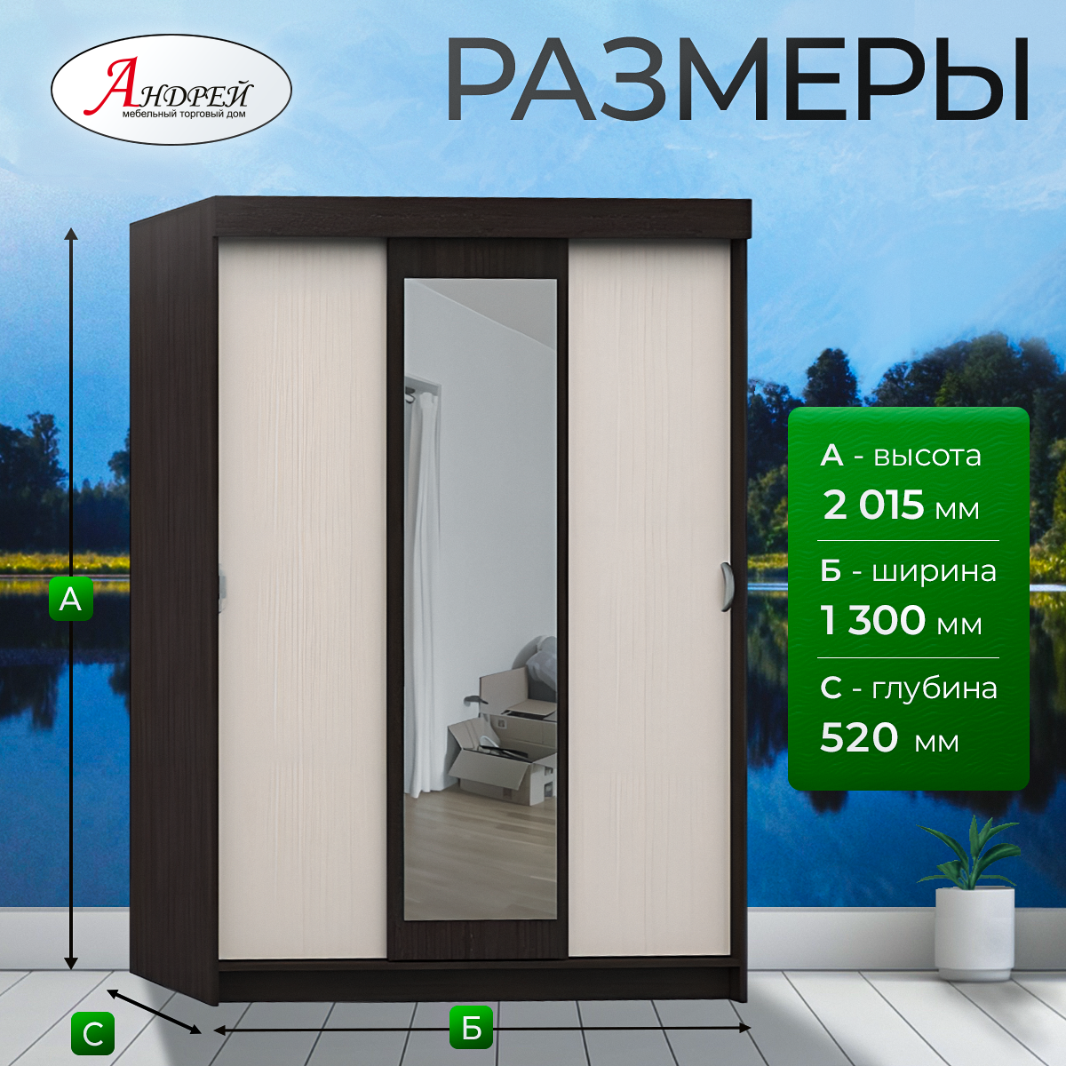 Шкаф купе для одежды с зеркалом Бася ШКК 551 130х202х51,6 см, цвет венге/белфорт — фото 1