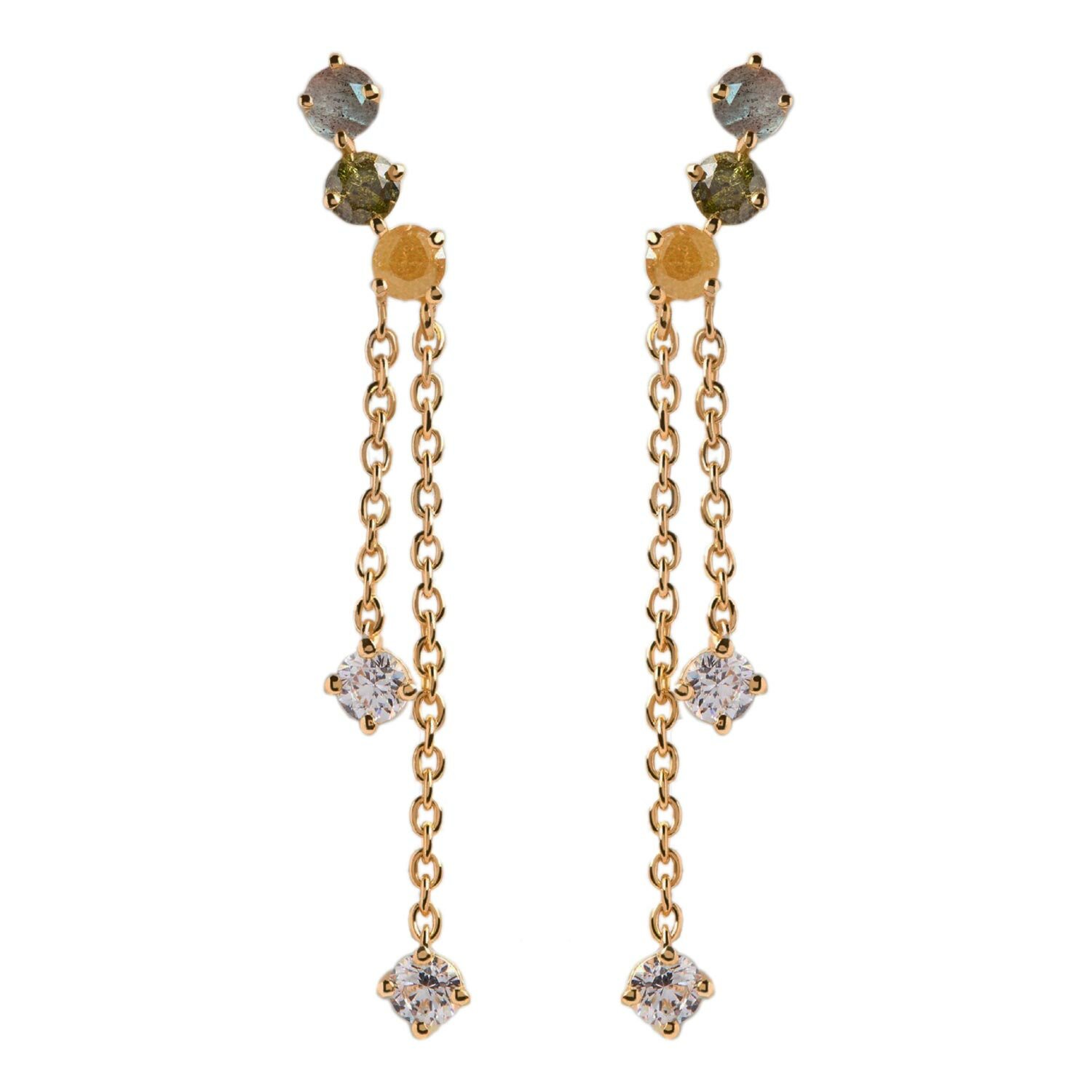 Серьги с подвесками, серебро, 925 проба, золочение, фианит, лабрадорит