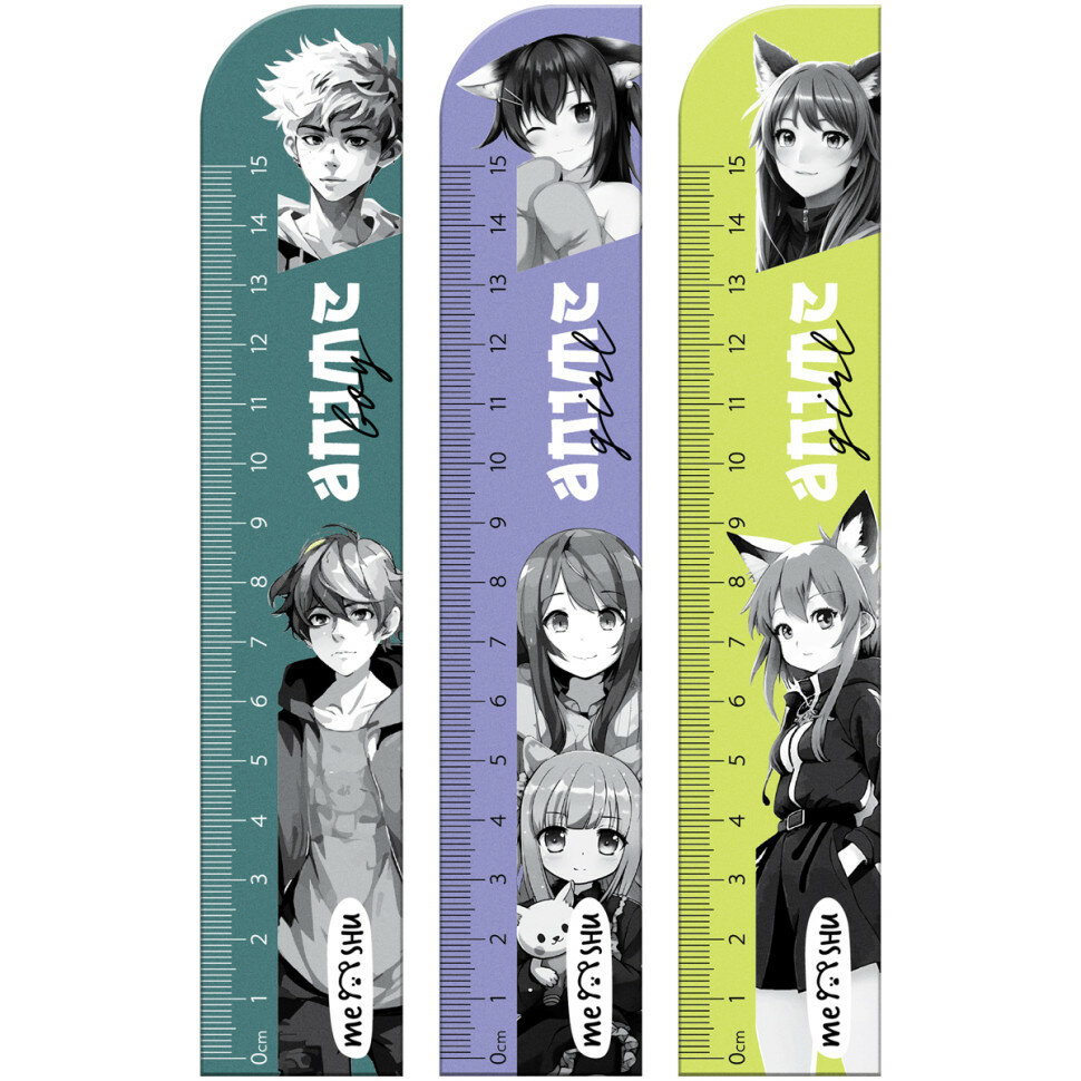 Линейка 15см MESHU "Anime", деревянная, ассорти, европодвес, 367720