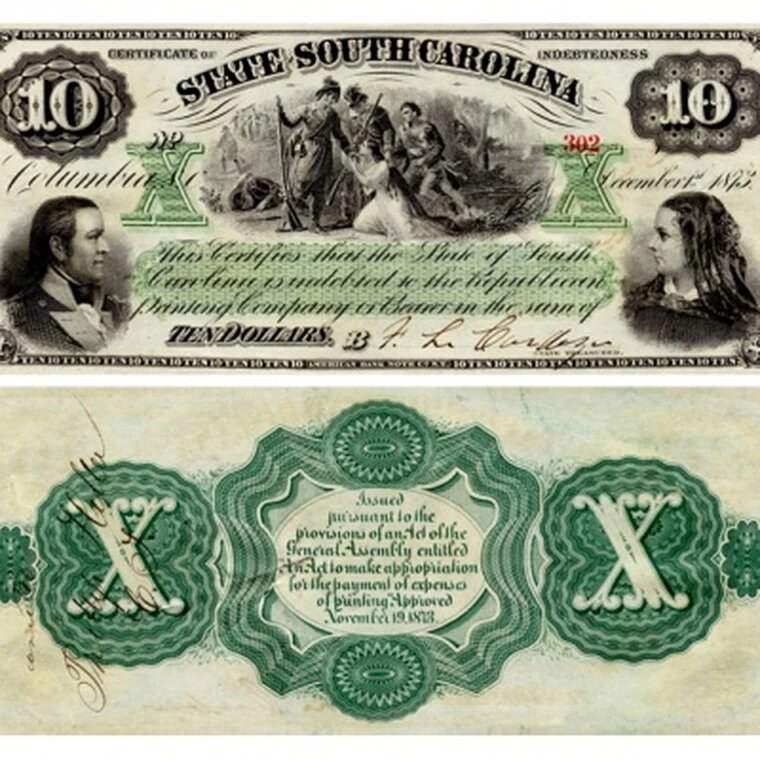 США сертификат 10 долларов 1873 штат Южная Каролина, сувенирная копия, банкноты и купюры редкие коллекционные