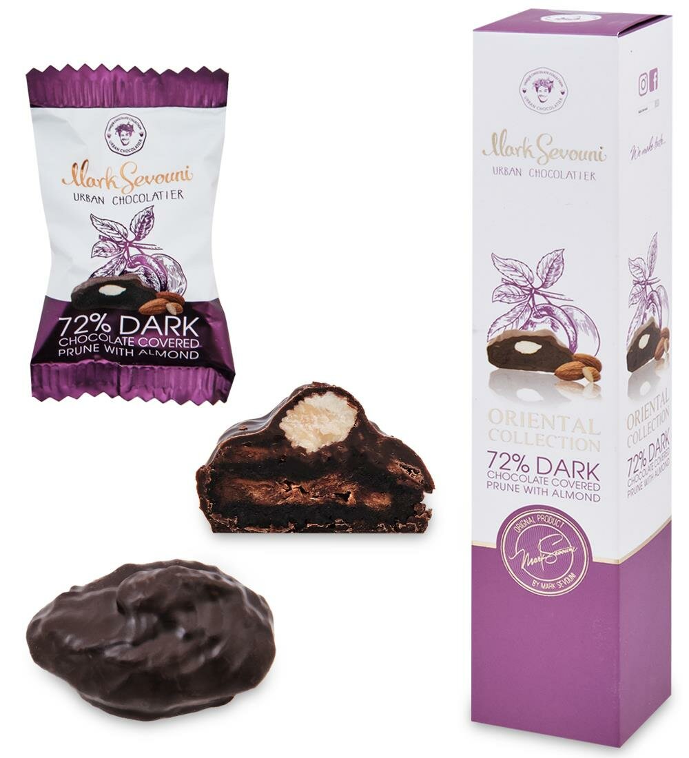 Чернослив с миндалем в шоколаде 72% в коробочке 110гр (Mark Sevouni) A2189625 Mark Sevouni, Чернослив с миндалем: (чернослив без косточки, ядро миндаля жареное , сахар, патока крахмальная, консервант: сорбиновая кислота, р