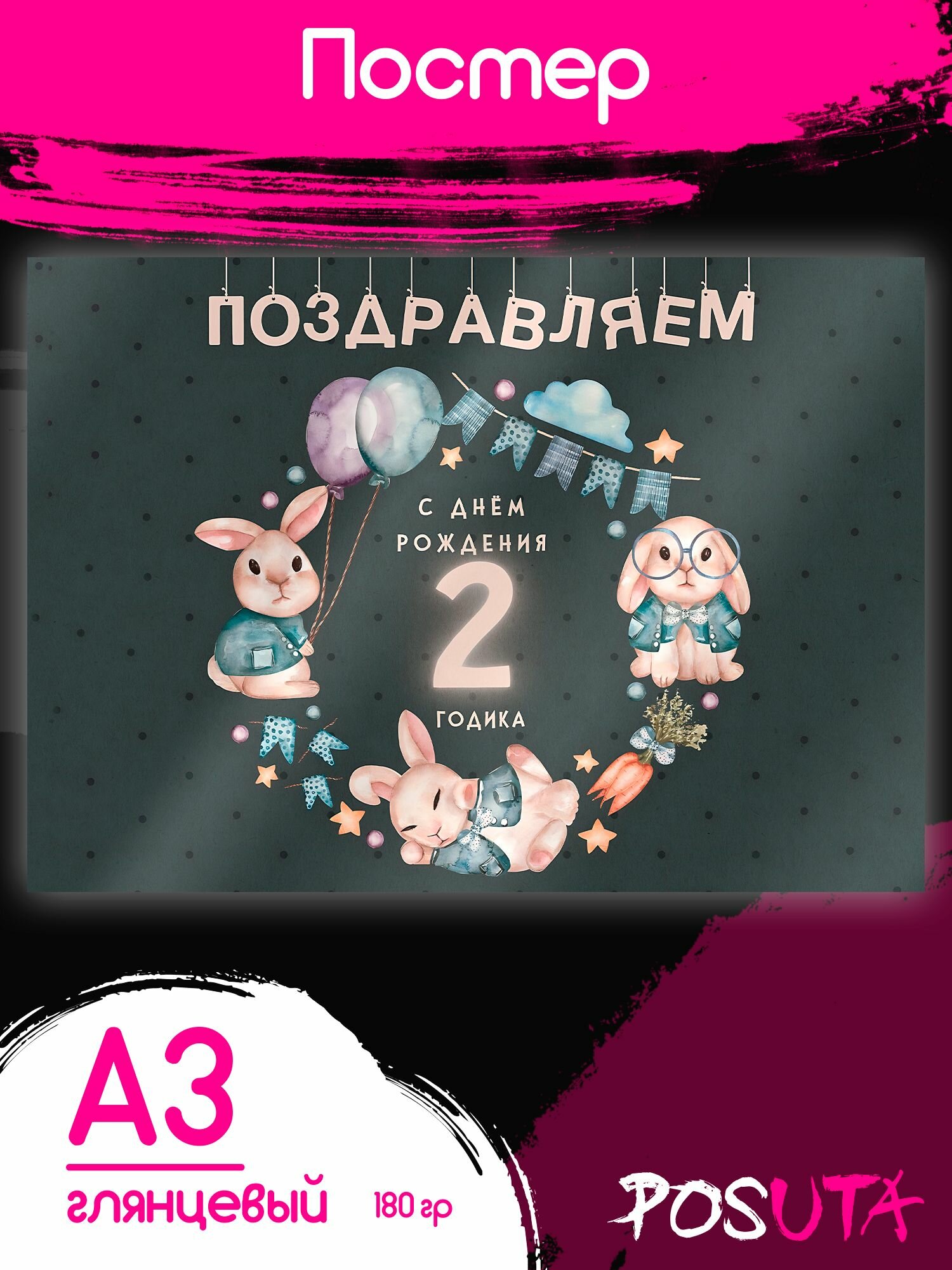 Плакат на стену с Днем Рождения 2 года