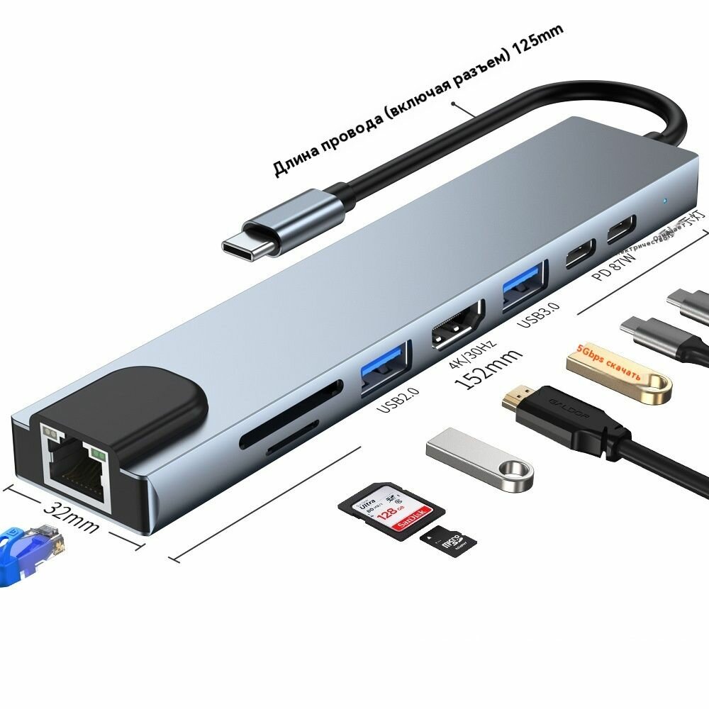 8 в 1 USB HUB Type C док станция Usb 3.0 хаб 3 0 переходник концентратор адаптер thunderbolt 4k Hdmi RJ45 TF SD картридер для ноутбука для макбука