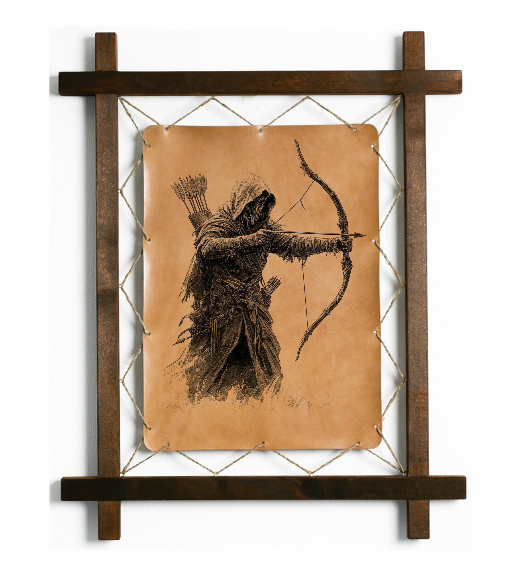 Картина интерьерная, натуральная кожа, "Охотник с луком", в деревянной раме, BoomGift