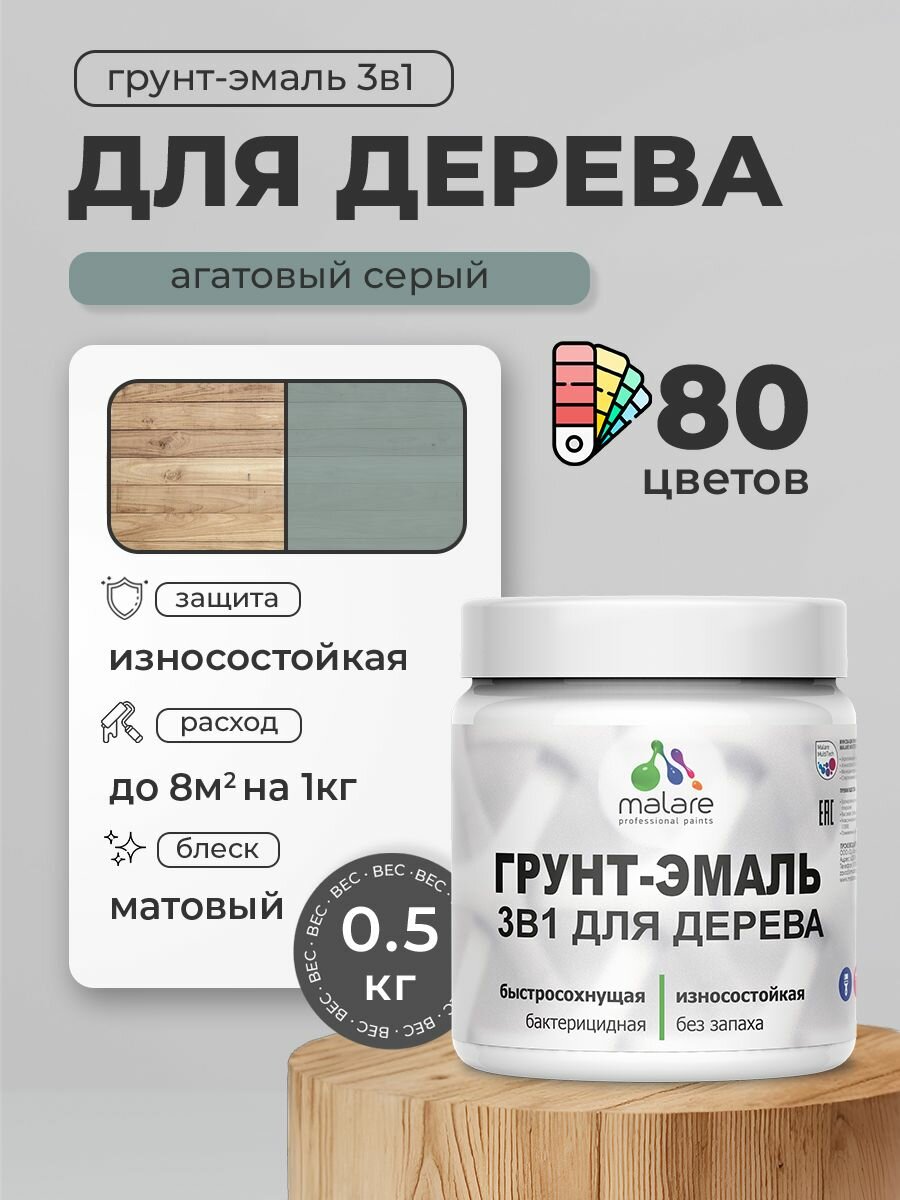 Акриловая Грунт-Эмаль 3 в 1 Malare для деревянных поверхностей/ краска по дереву с антисептическим эффектом/ быстросохнущая моющаяся без запаха матовая, агатовый серый, 0.5 кг
