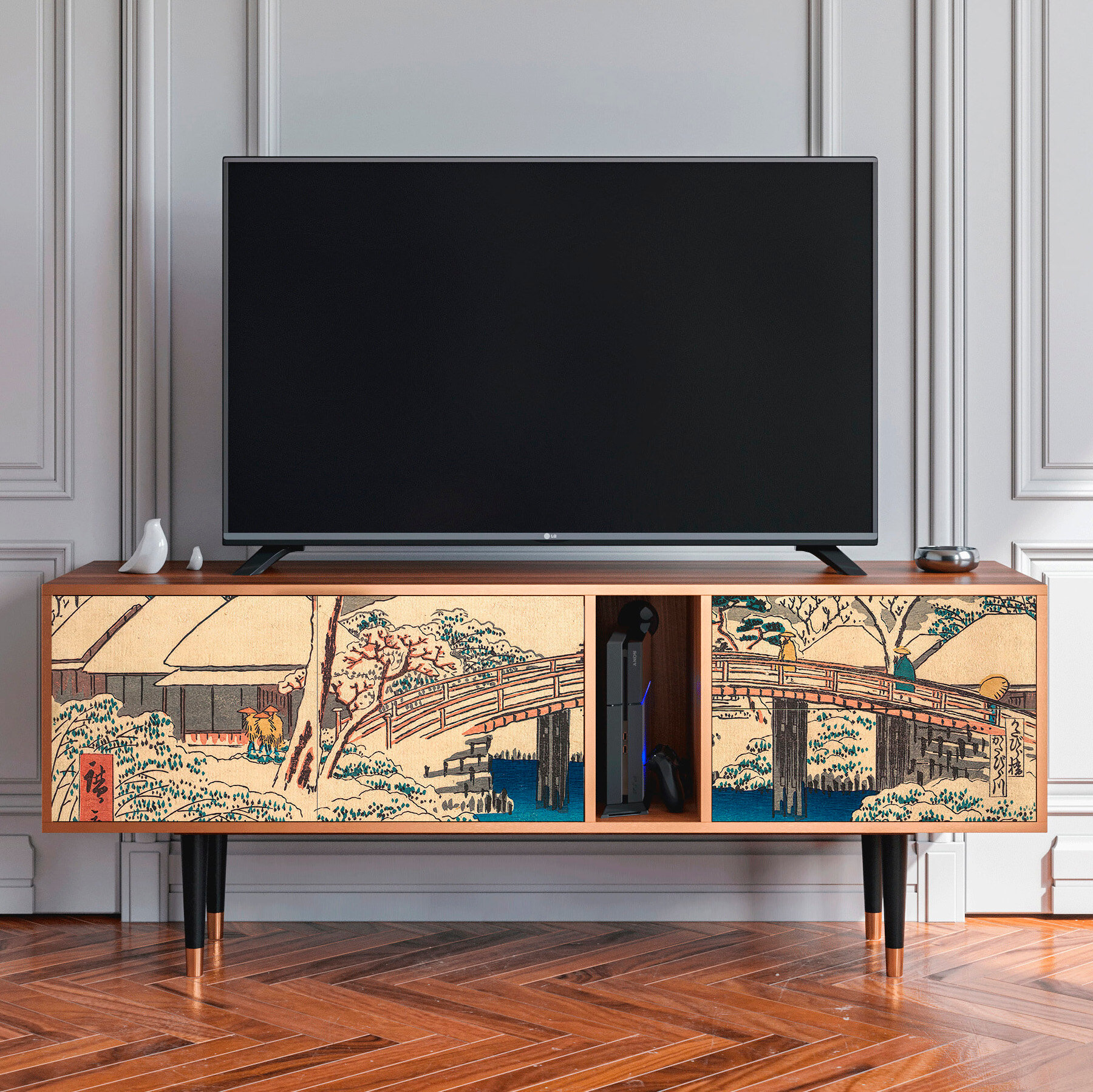 ТВ-Тумба - STORYZ - T1 Katabira River by Utagawa Hiroshige, Размер - 170 x 69 x 48 см, Цвет корпуса - , Орех