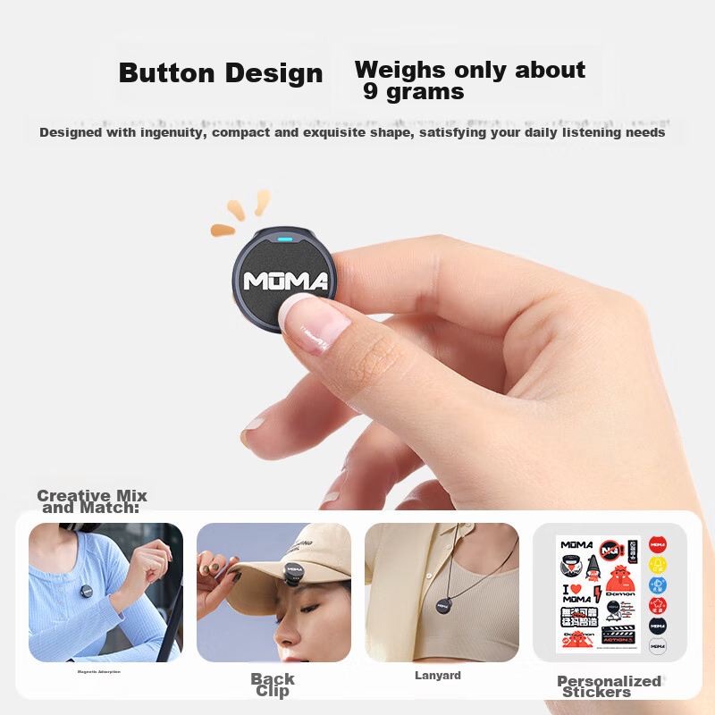 MOMA LARK MIX One-To Wireless Lavalier Microphone, Mammoth Camera Live Streaming Vlog Outdoor Interview, Mini Button Microphone Camera Version, Black